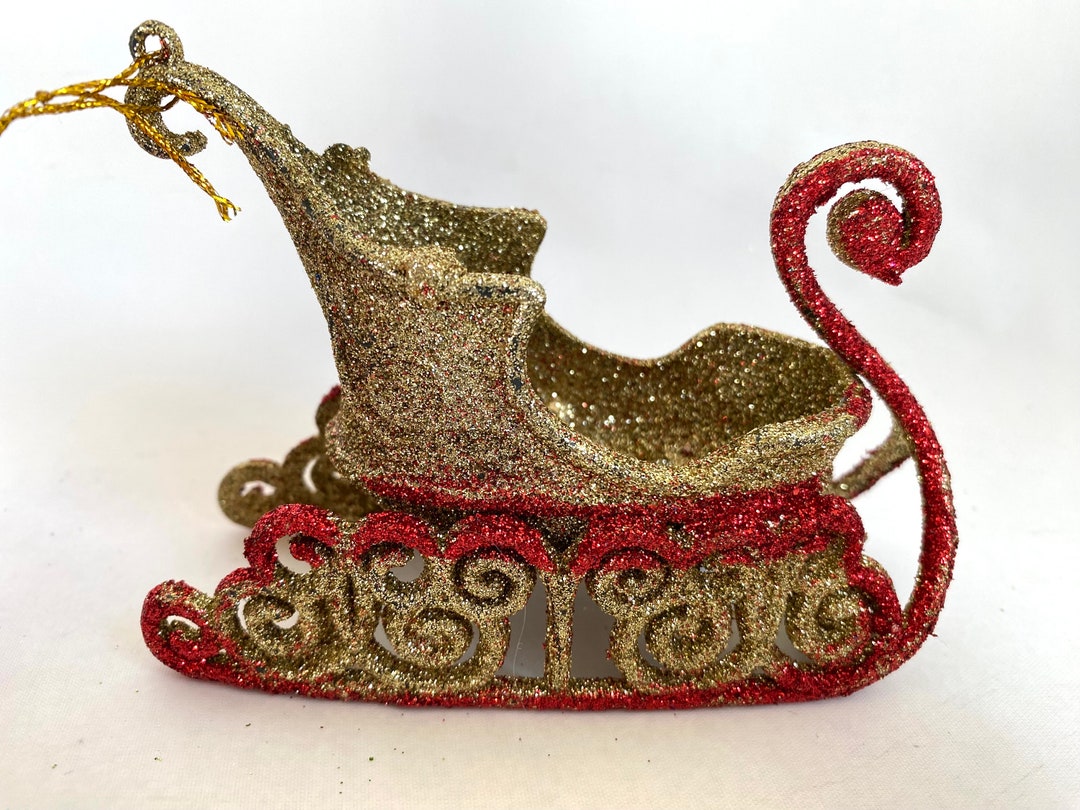 Santa SLEIGH | GOLD & Red GLITTER Sleigh Ornament | 4.5” X 3.5” X 2 ...