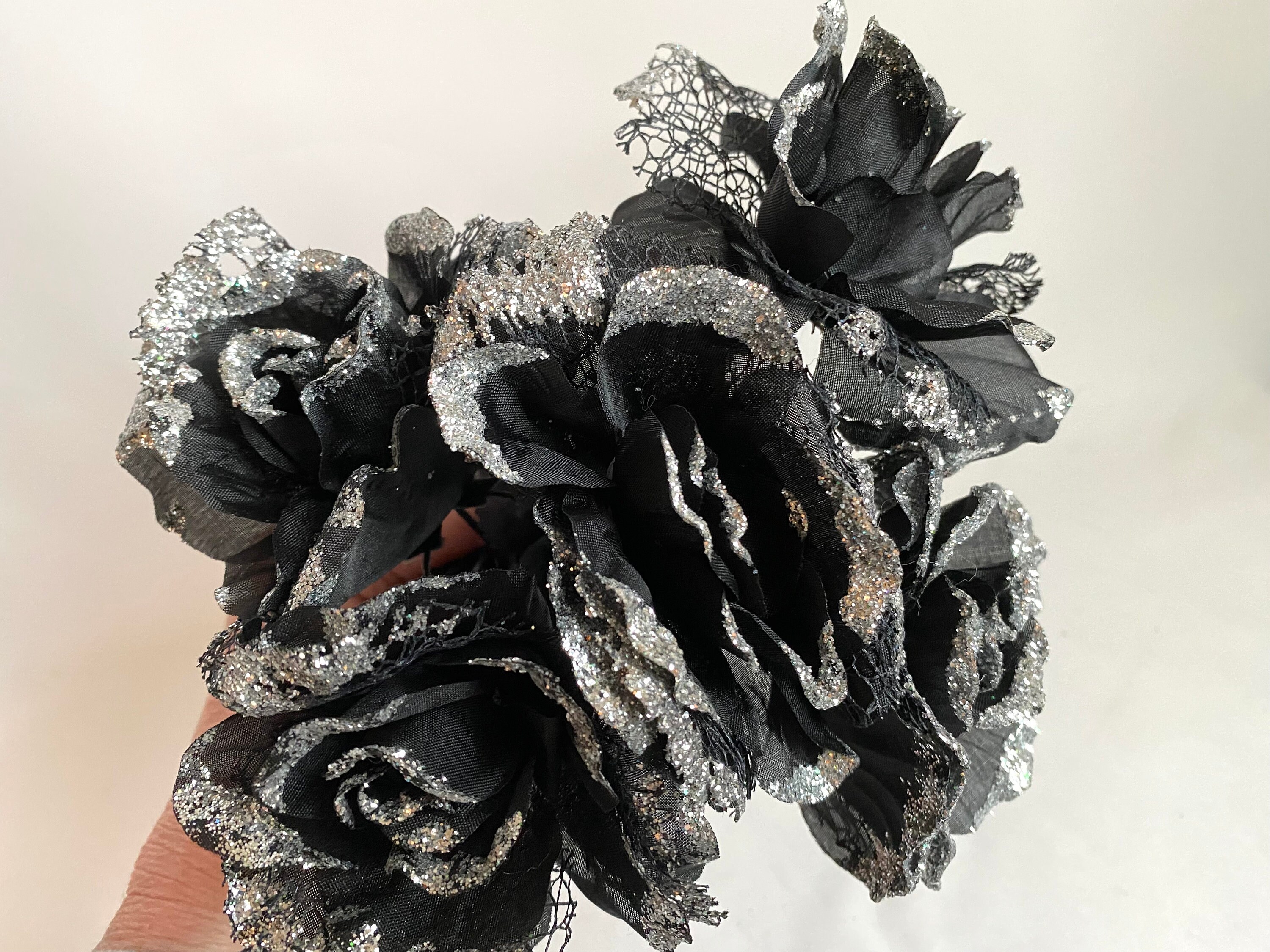 BLACK ROSES With Silver Glitter Bouquet of 5 Large Black Roses Tipped ...