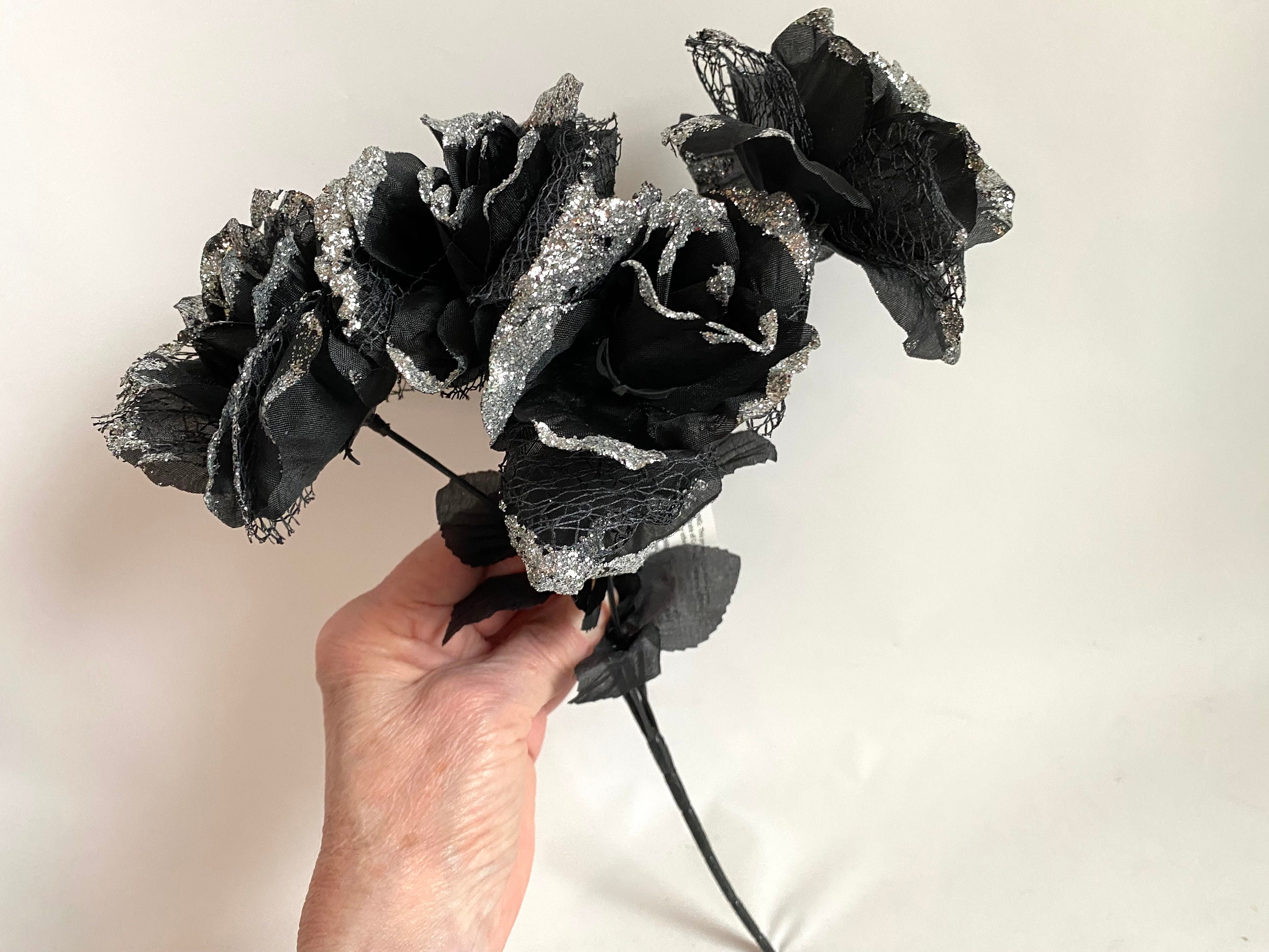 BLACK ROSES With Silver Glitter Bouquet of 5 Large Black Roses Tipped ...