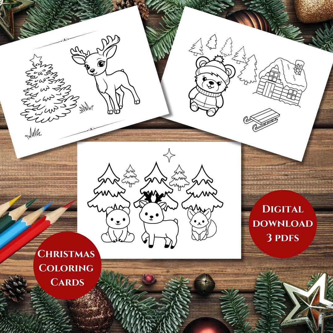 Woodland Christmas Coloring Cards|printable Coloring Card|kid Christmas ...
