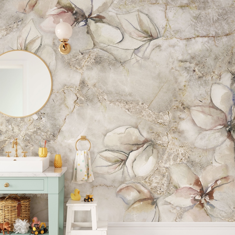 Marble Floral Wallpaper: Beige Abstract Flowers, Peel and Stick - Etsy