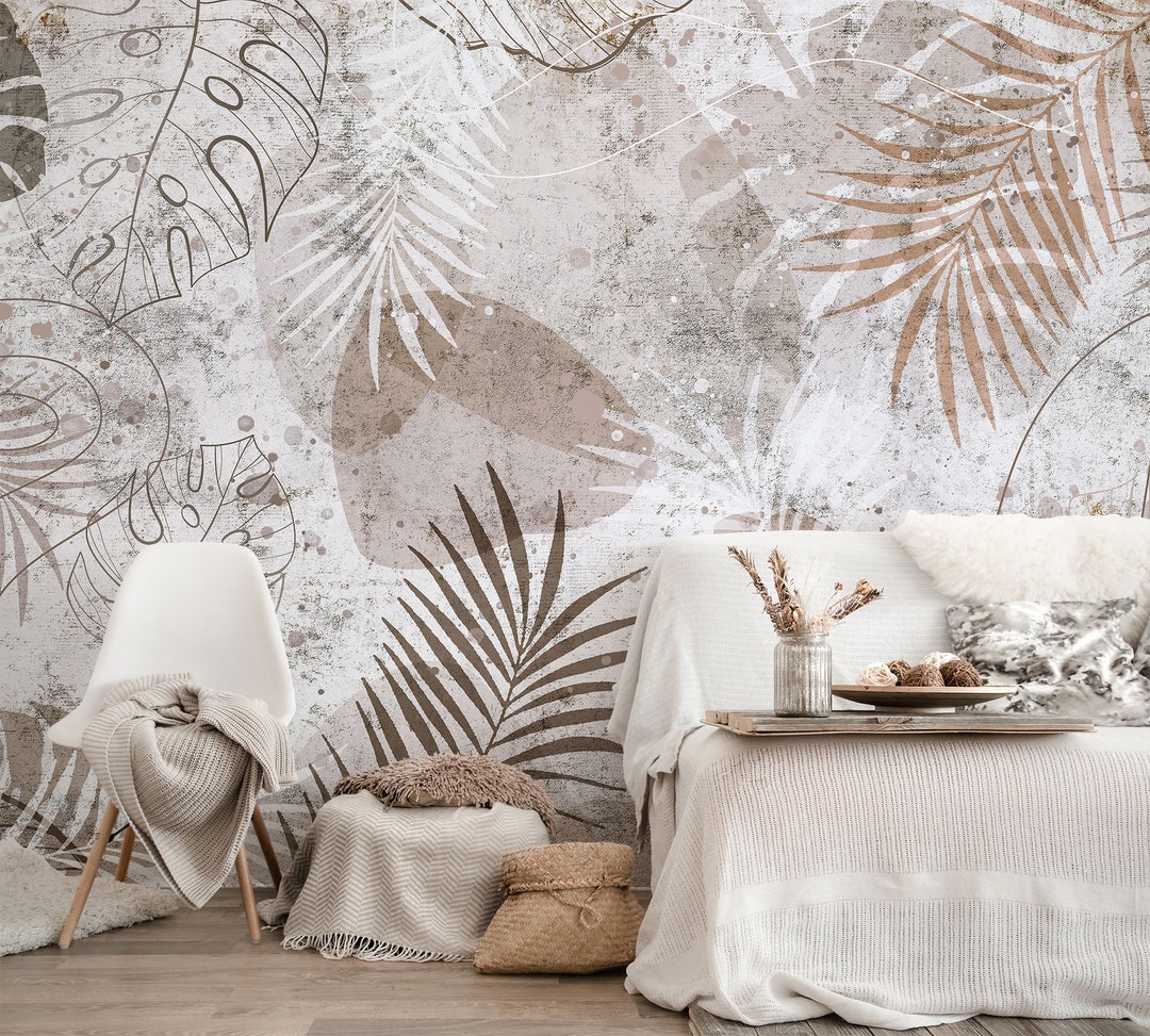 Neutral Palm Leaves Wallpaper – Peel and Stick Removable Tropical Wall ...