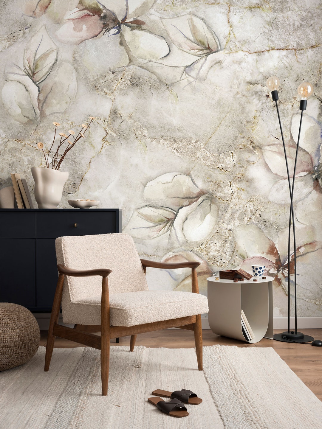 Marble Floral Wallpaper: Beige Abstract Flowers, Peel and Stick - Etsy
