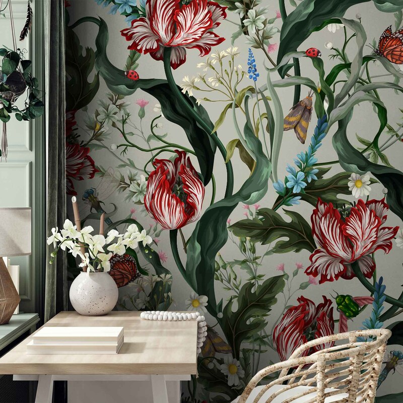 Vintage Wallpaper Tulips - Etsy