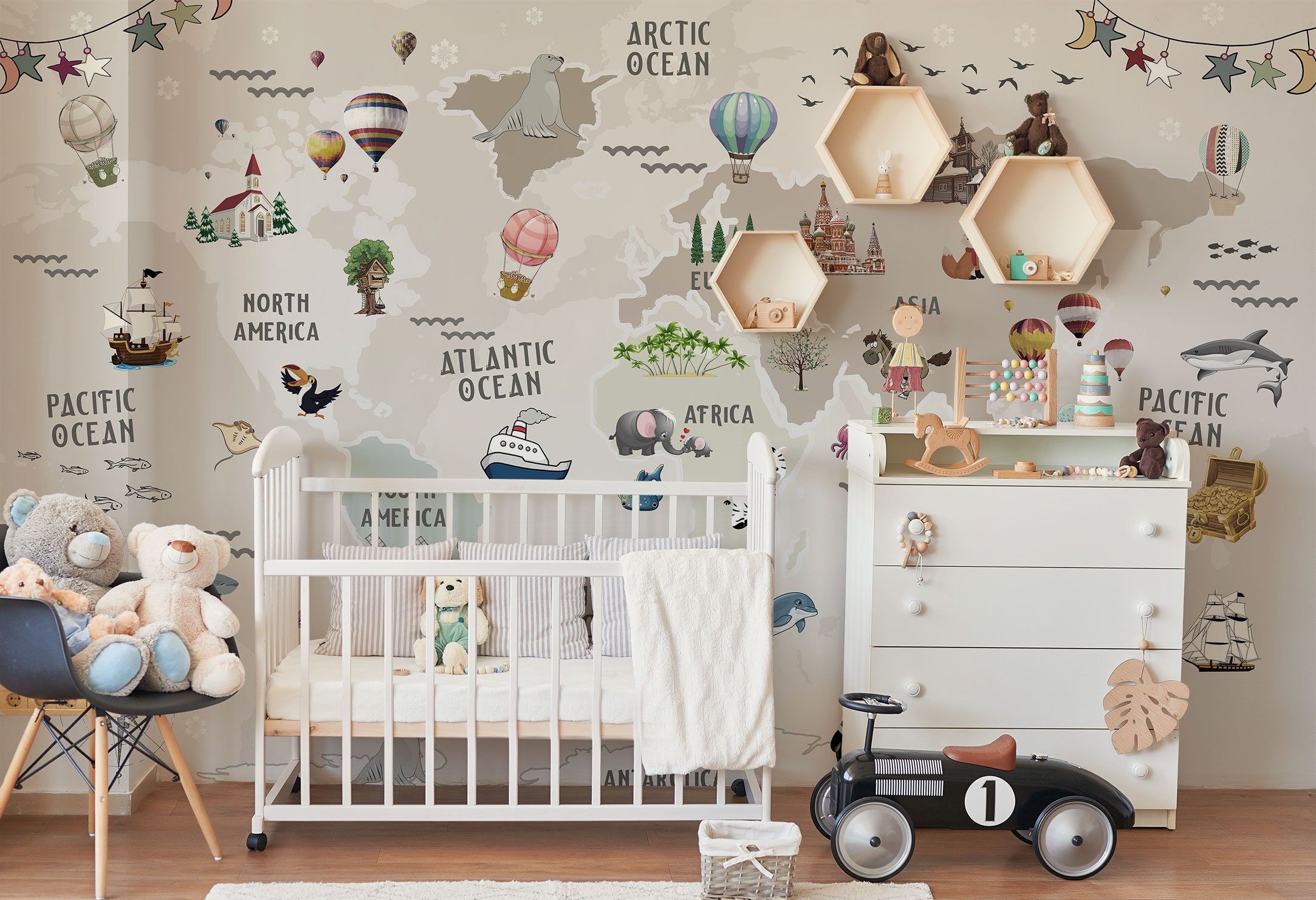 World Map Kids Wallpaper Educational Continent Map Wall - Etsy