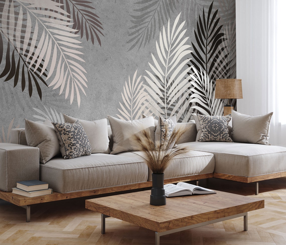 Tropical Palm Leaves Wallpaper Gray Palm Wallpaper Exotic - Etsy