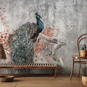 Watercolor Peacock Wall Mural, Peacock With Floral Removable Wallpaper ...