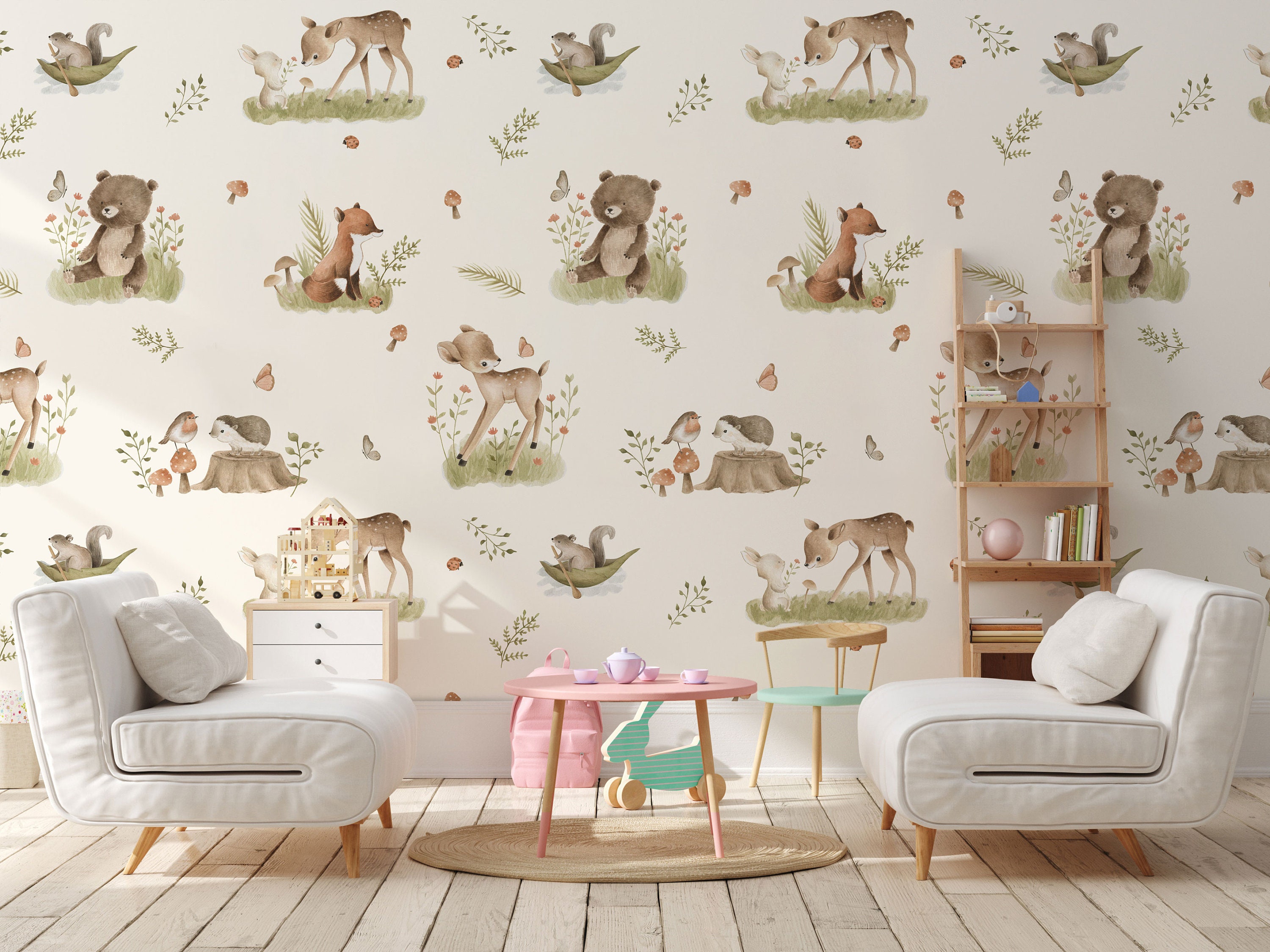 Cute Woodland Animals Wallpaper Watercolor Kids Nursery - Etsy