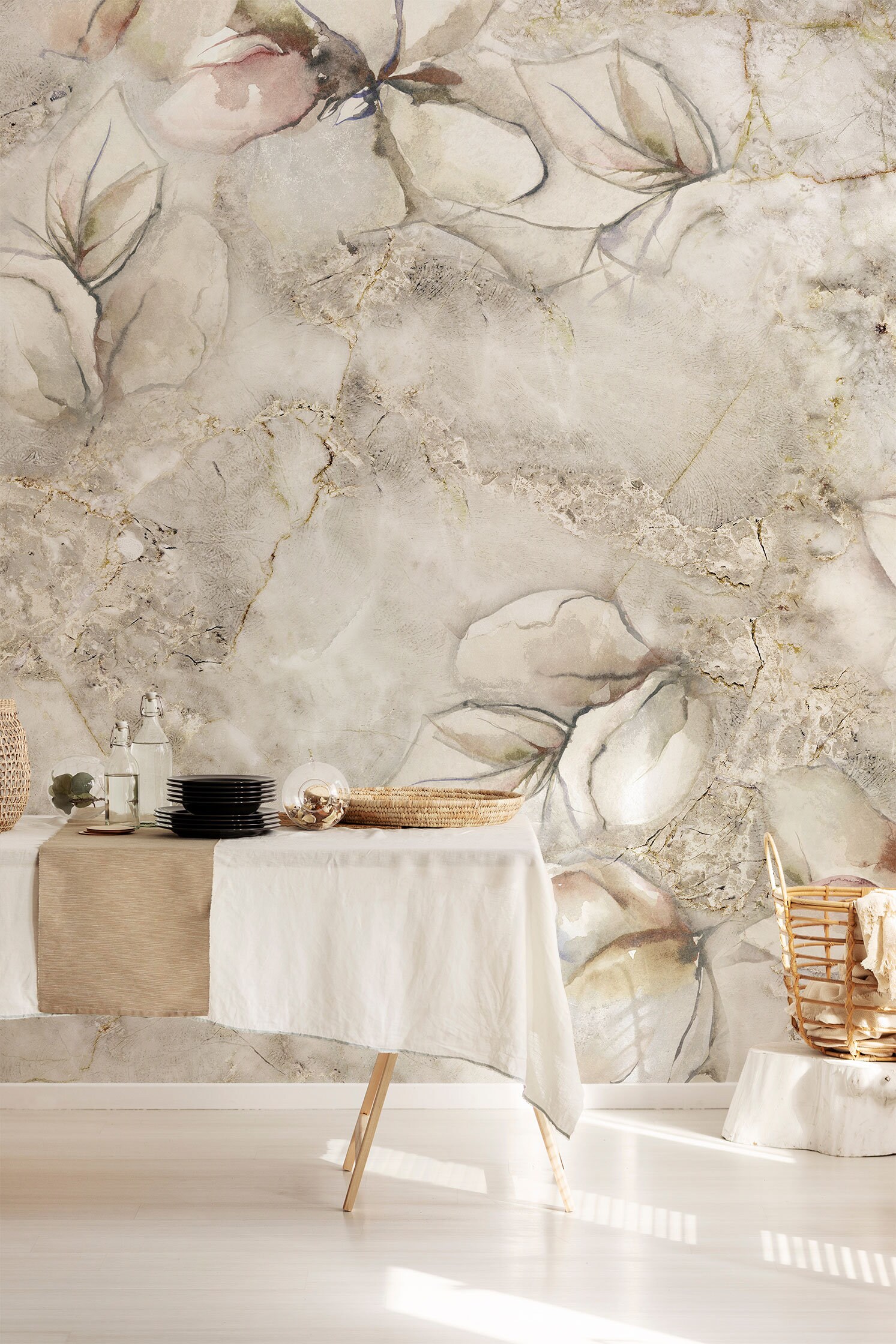 Marble Floral Wallpaper: Beige Abstract Flowers, Peel and Stick - Etsy