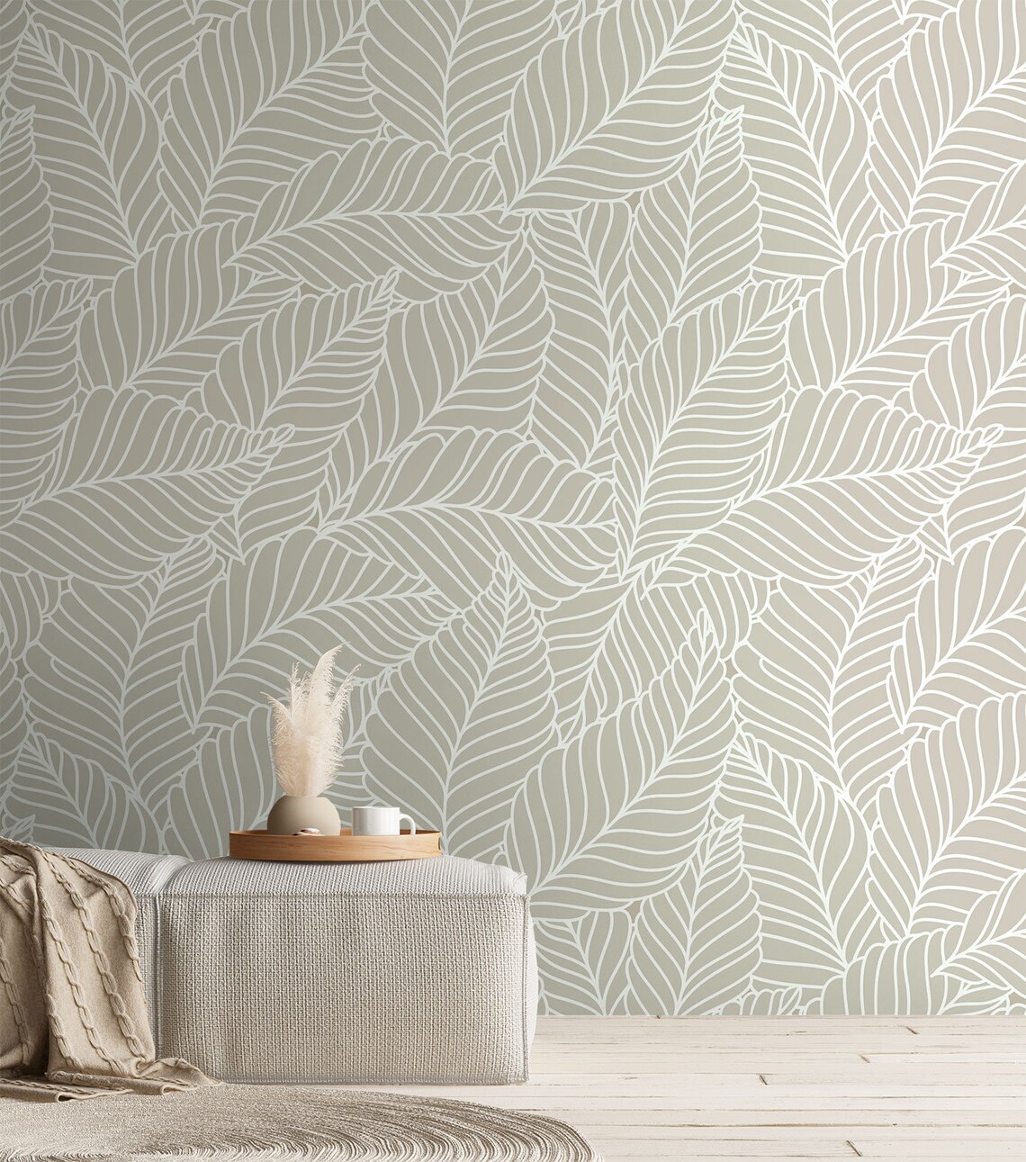 Linen Color Botanical Foliage Wallpaper Modern Beige & White - Etsy