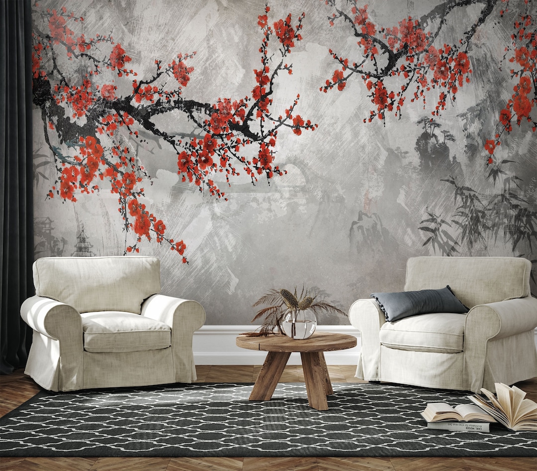 Branches With Sakura Flowers Wall Mural, Watercolor Japanese Wallpaper ...