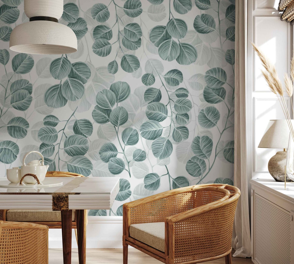 Leaf Eucalyptus Green Boho Wallpaper Leaf Wallpaper Peel and - Etsy