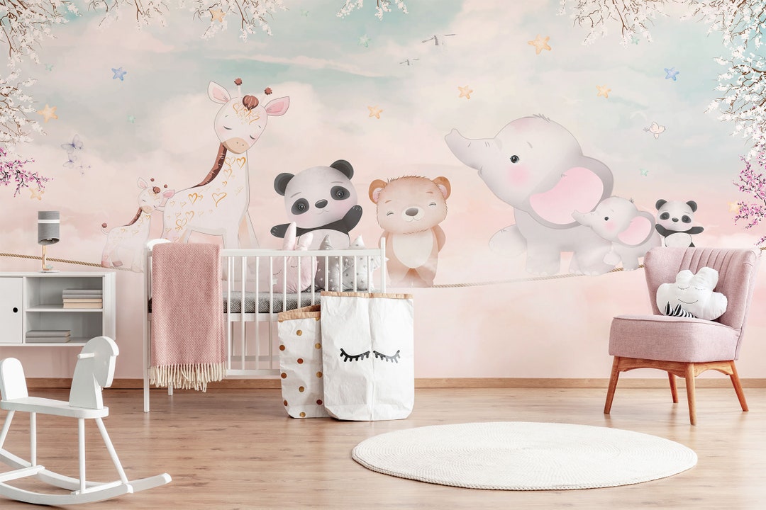 Watercolor Cute Animals Wallpaper, Acrobat Animals Wall Mural, Nursery ...