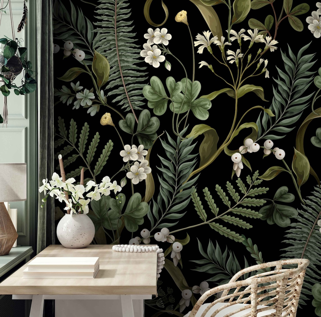 Dark Botanical Wallpaper, Peel and Stick Wallpaper Vintage, Leaves Wallpaper, Botanical Plants ...