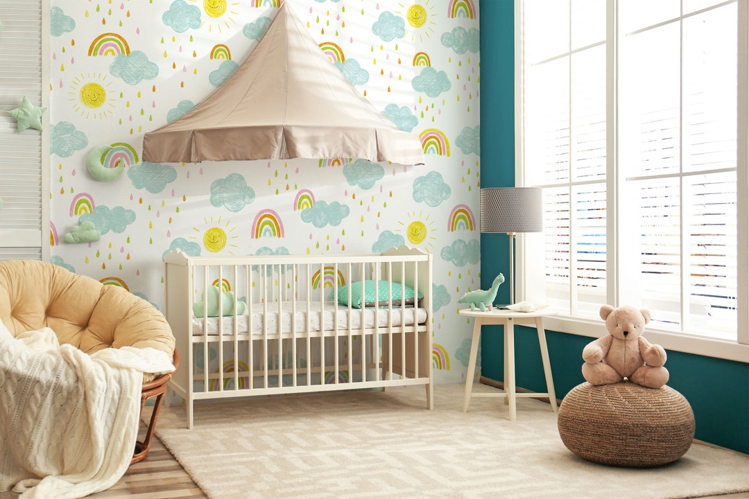Kids Room Wallpaper: Rainbow, Clouds, Raindrops Peel and Stick Mural - Etsy