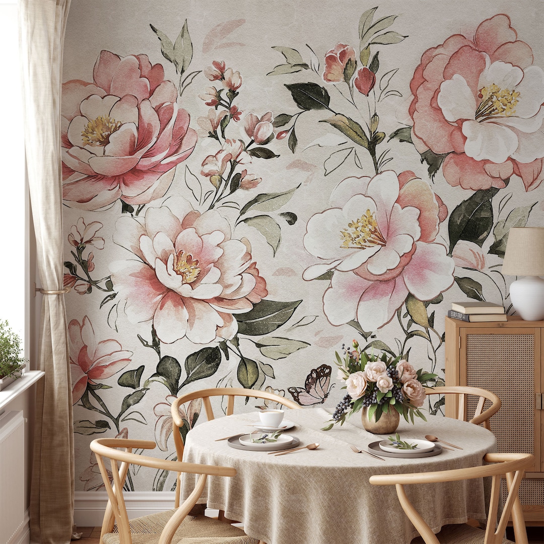 Watercolor Peony Flower Wall Mural Soft Floral Wallpaper Peel And
