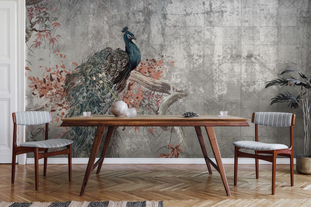 Watercolor Peacock Wall Mural, Peacock With Floral Removable Wallpaper ...