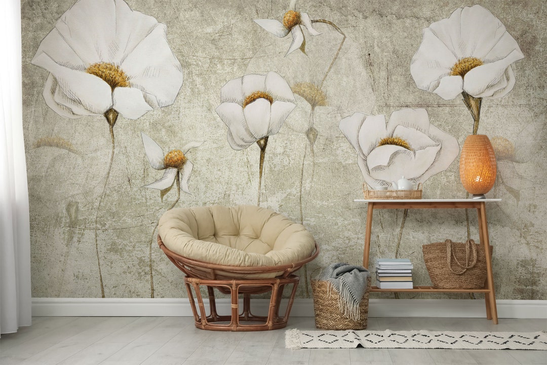 White Poppy Floral Wallpaper: Grunge Peel and Stick Wall Mural - Etsy