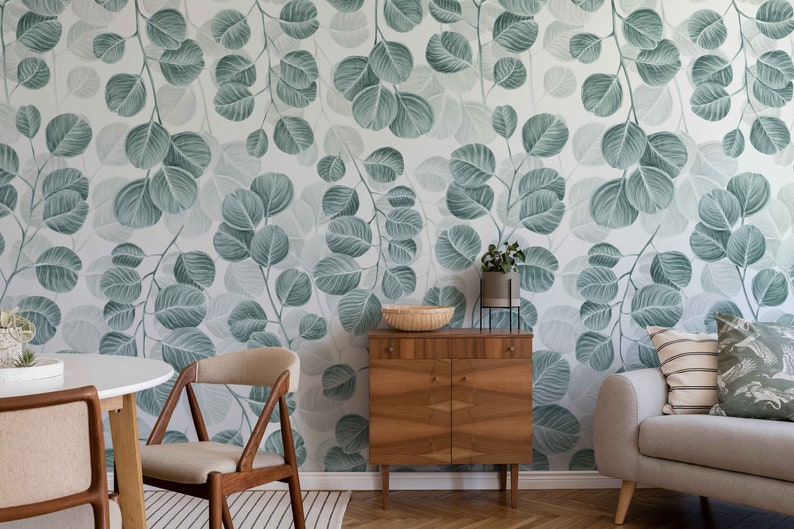 Leaf Eucalyptus Green Boho Wallpaper Leaf Wallpaper Peel and - Etsy
