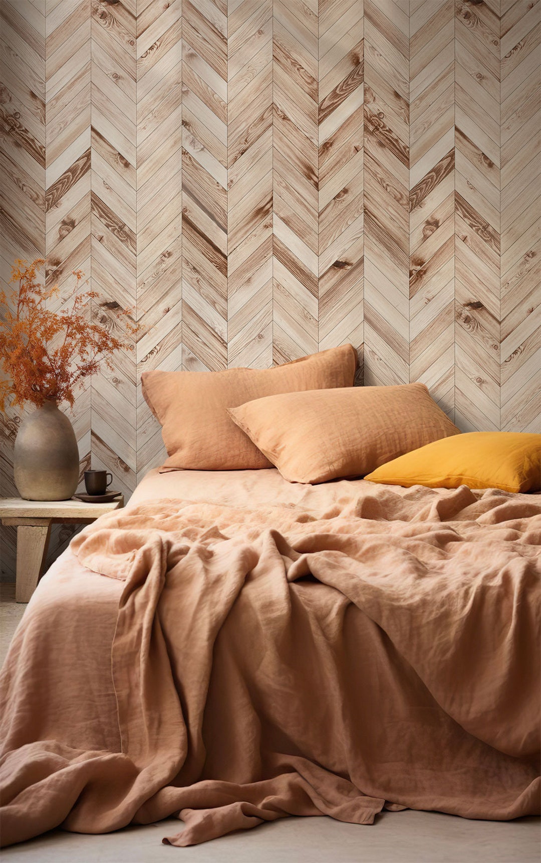 Chevron Wood Herringbone Wallpaper, Wood Decor Wallpaper, Peel and ...
