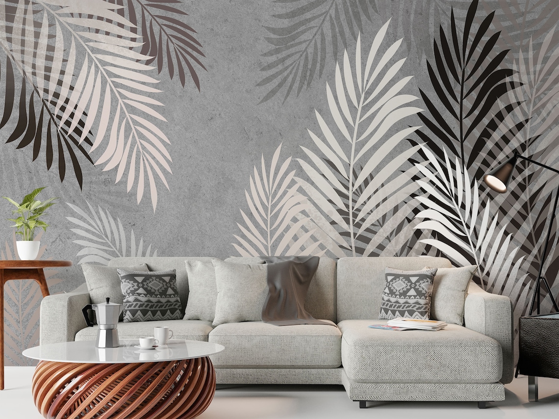 Tropical Palm Leaves Wallpaper Gray Palm Wallpaper Exotic - Etsy