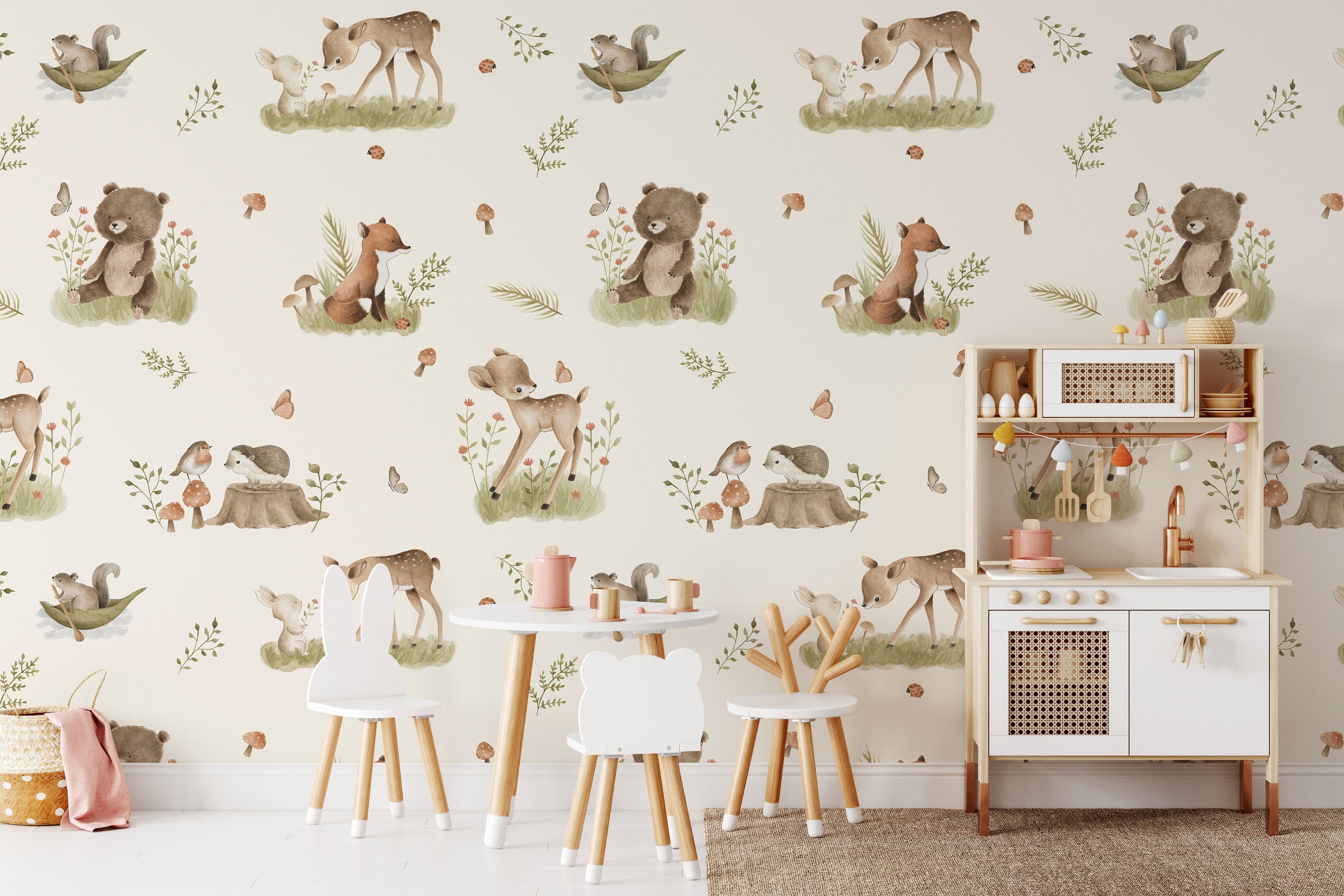 Cute Woodland Animals Wallpaper Watercolor Kids Nursery - Etsy