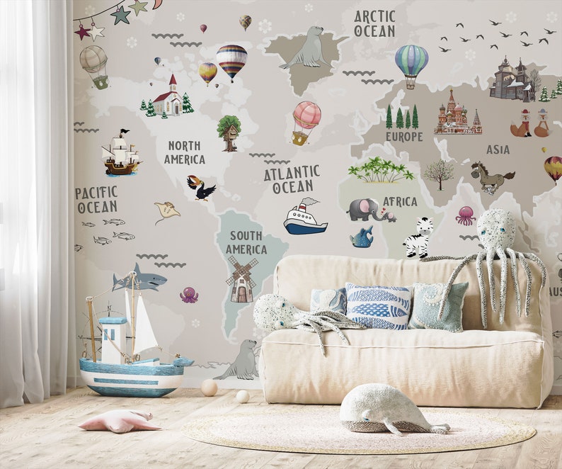 World Map Kids Wallpaper Educational Continent Map Wall - Etsy