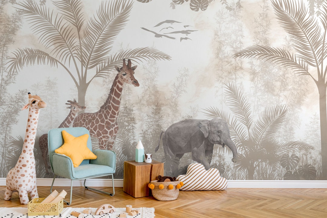 Safari Animals Wallpaper Mural: Kids Room Decor, Peel and Stick - Etsy