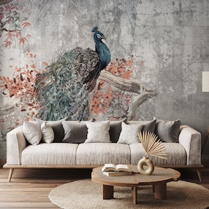 Watercolor Peacock Wall Mural, Peacock With Floral Removable Wallpaper ...