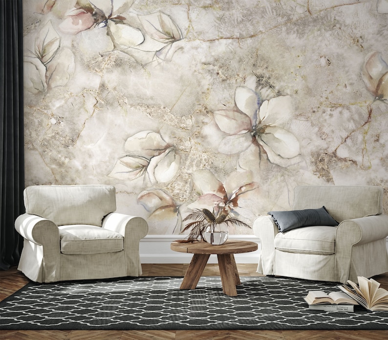 Marble Floral Wallpaper: Beige Abstract Flowers, Peel and Stick - Etsy