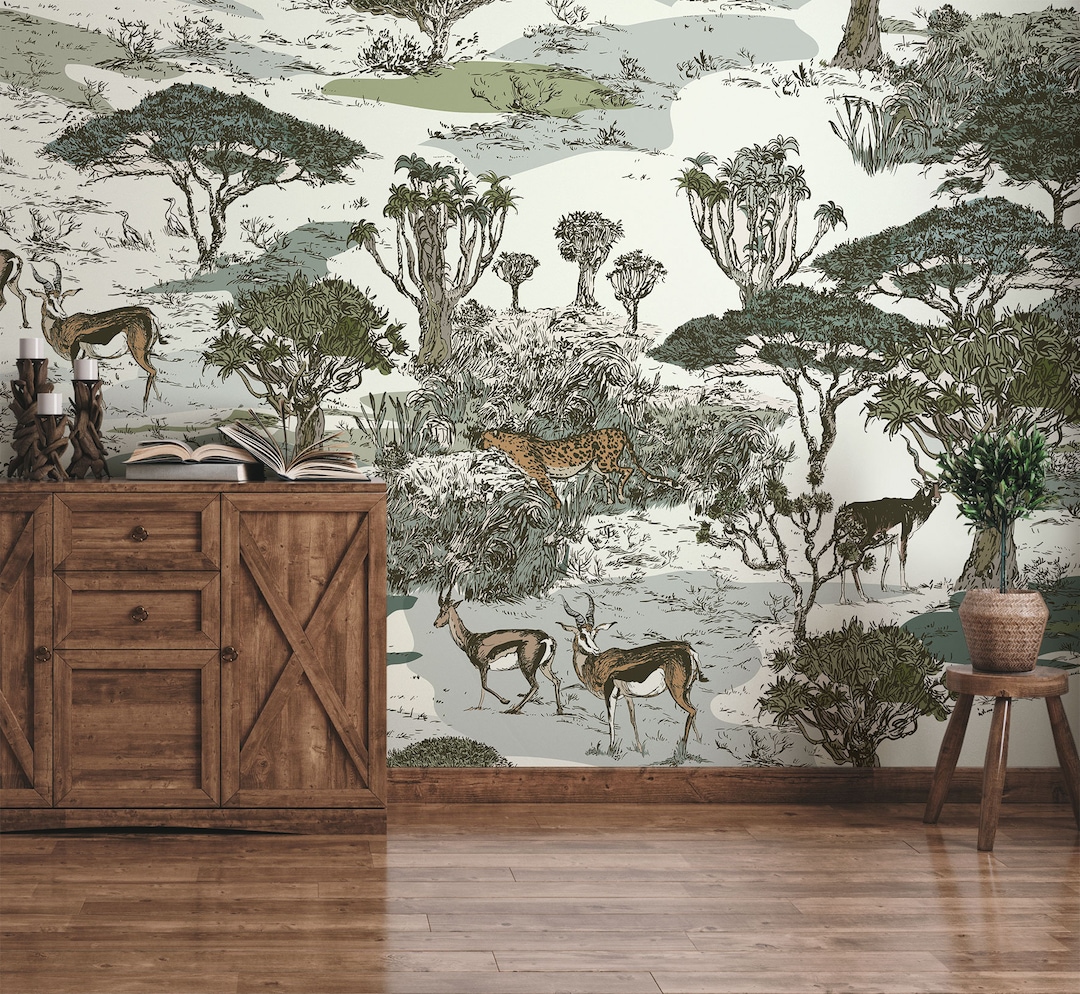 Safari Wild Animals Farmhouse Wallpaper, Hand Drawn Wildlife Drawing ...