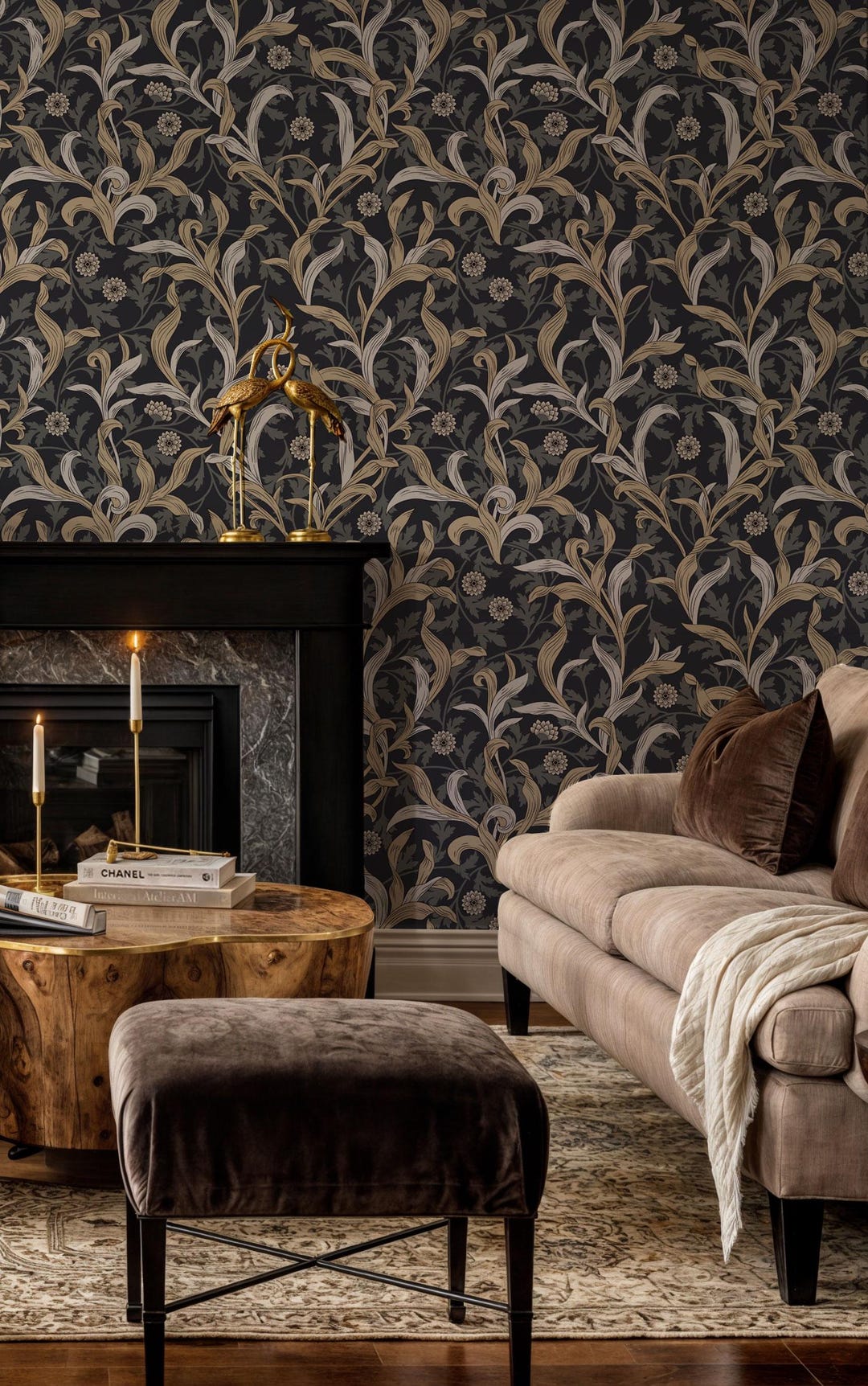 Dark Floral Peel and Stick Wallpaper: William Morris Art Nouveau Style ...