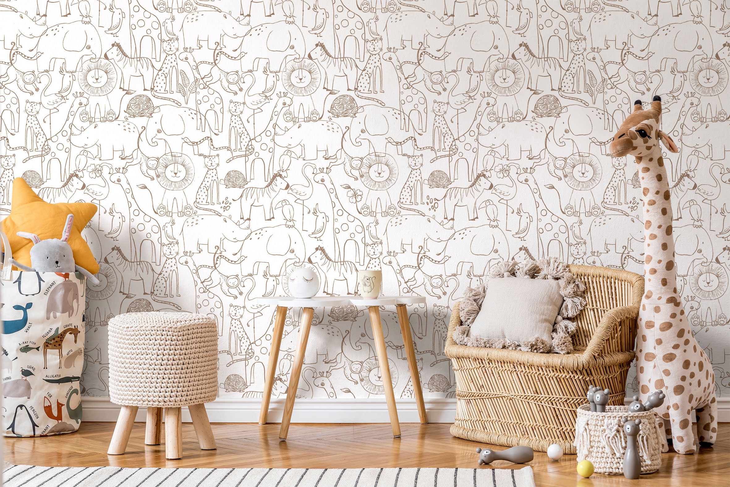 Cute Hand Drawing Safari Animals Wallpaper Monochrome Animals - Etsy