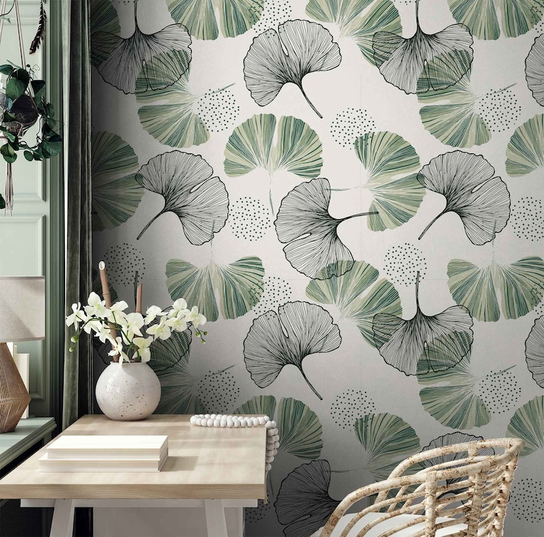 Gingko Leaves Line Art Wallpaper Gingko Leaf Wall Mural - Etsy