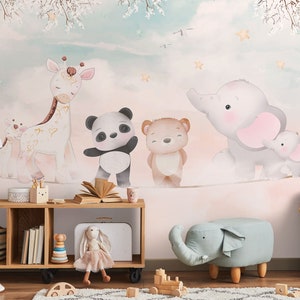 Watercolor Cute Animals Wallpaper, Acrobat Animals Wall Mural, Nursery ...