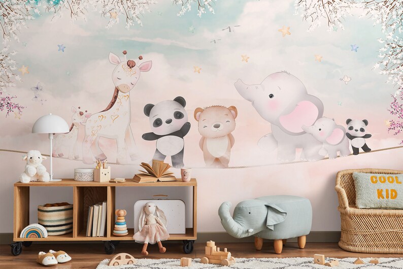Watercolor Cute Animals Wallpaper Acrobat Animals Wall Mural - Etsy