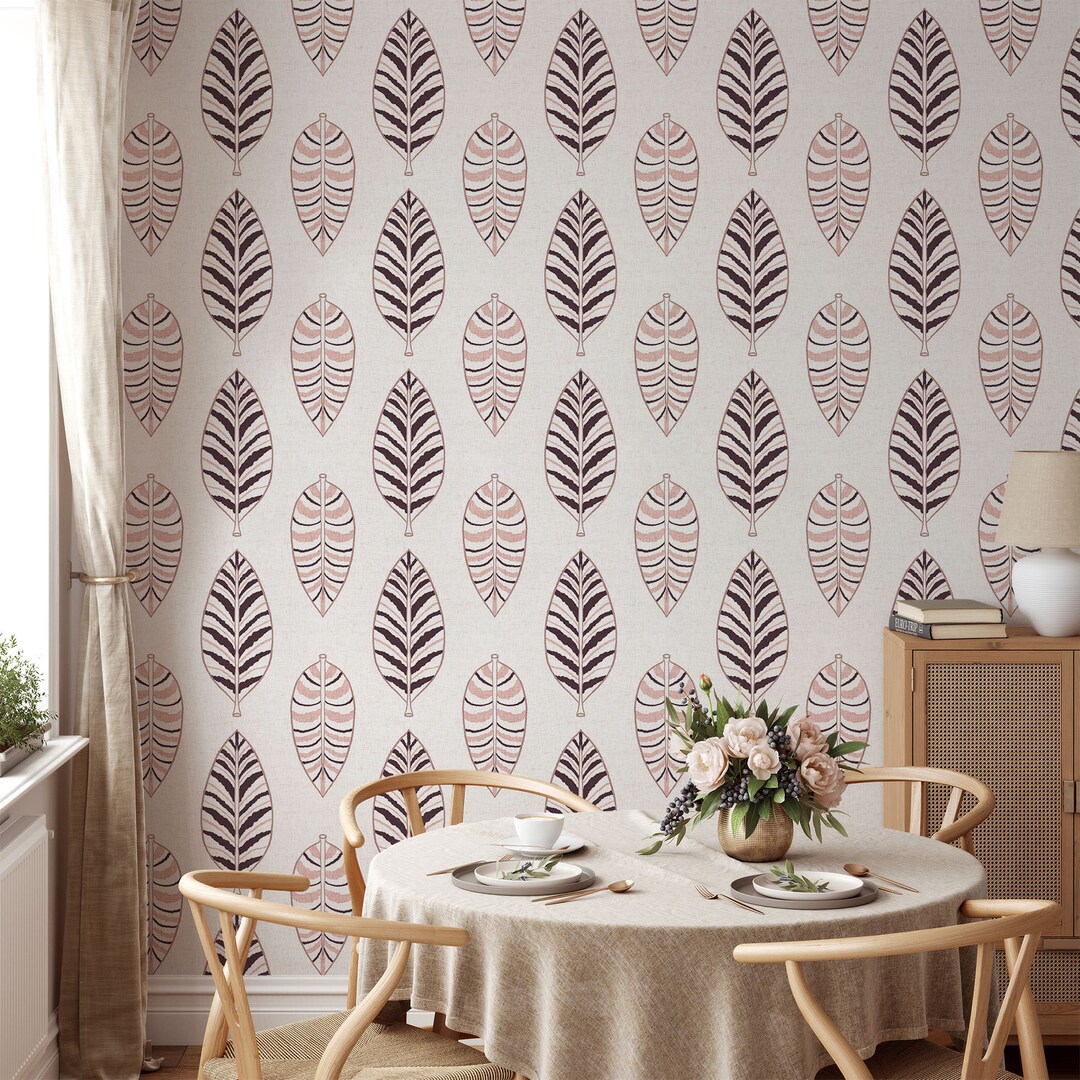 Muted Leaf Wallpaper: Neutral Stripy Design, Removable Peel and Stick ...