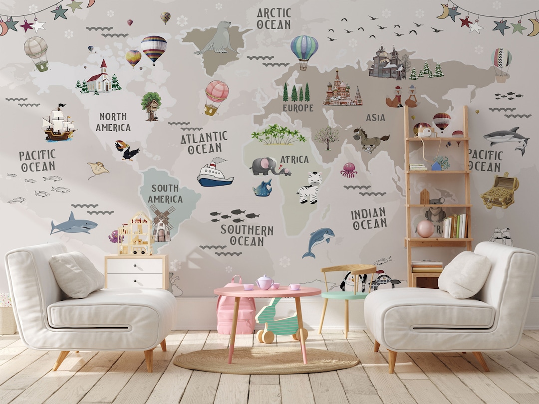 World Map Kids Wallpaper, Educational Continent Map Wall Mural, Peel ...