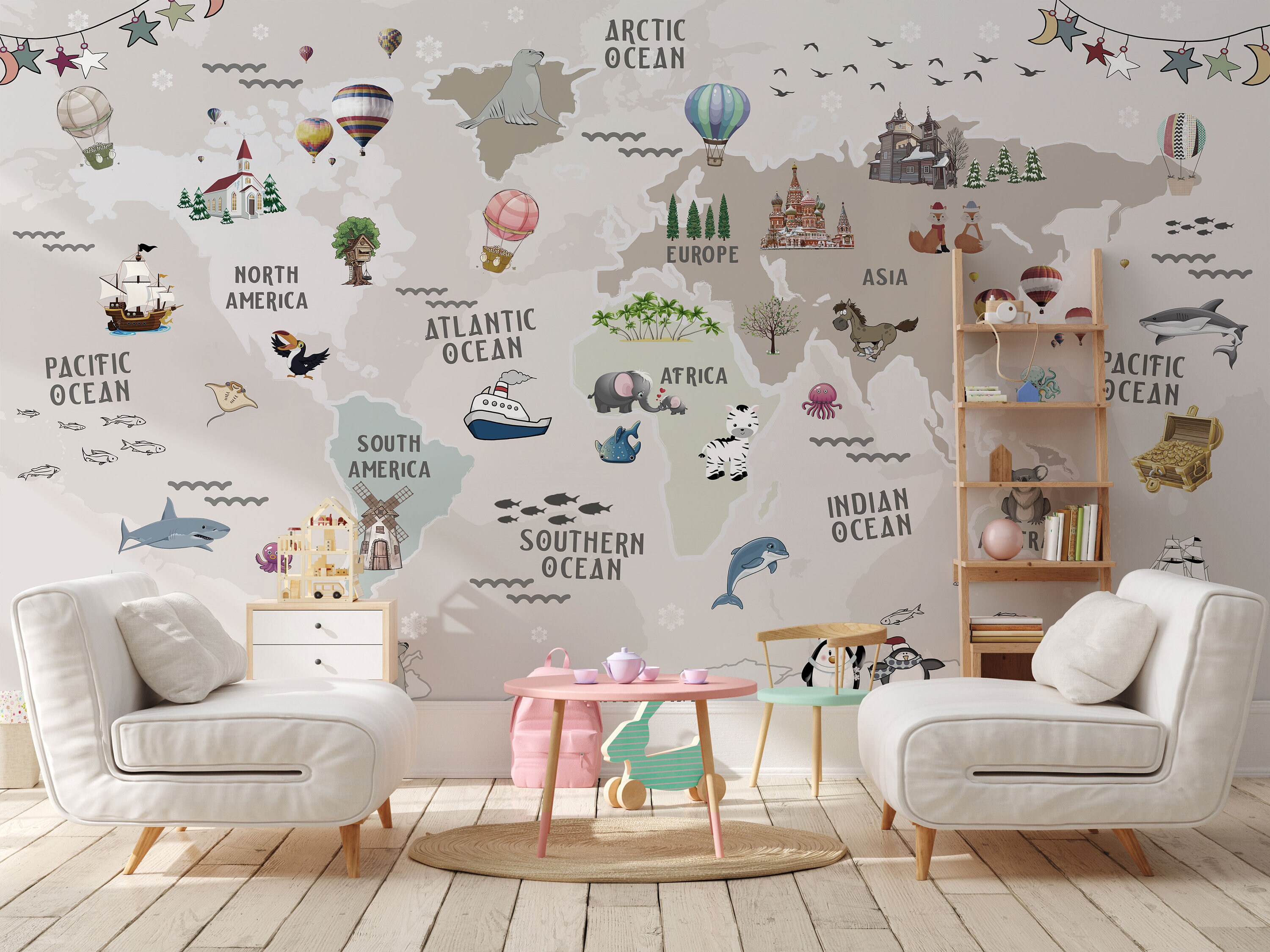 World Map Kids Wallpaper Educational Continent Map Wall - Etsy