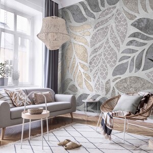 Gray Leaves Wallpaper, Minimal Modern Wallpaper Mural, Peel and Stick ...