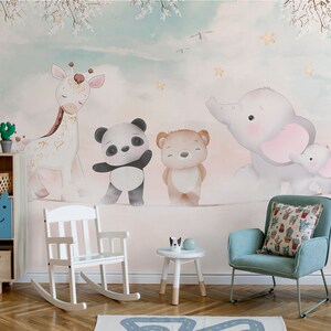 Watercolor Cute Animals Wallpaper, Acrobat Animals Wall Mural, Nursery ...