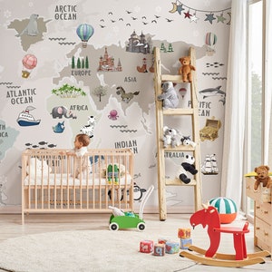 World Map Kids Wallpaper, Educational Continent Map Wall Mural, Peel ...