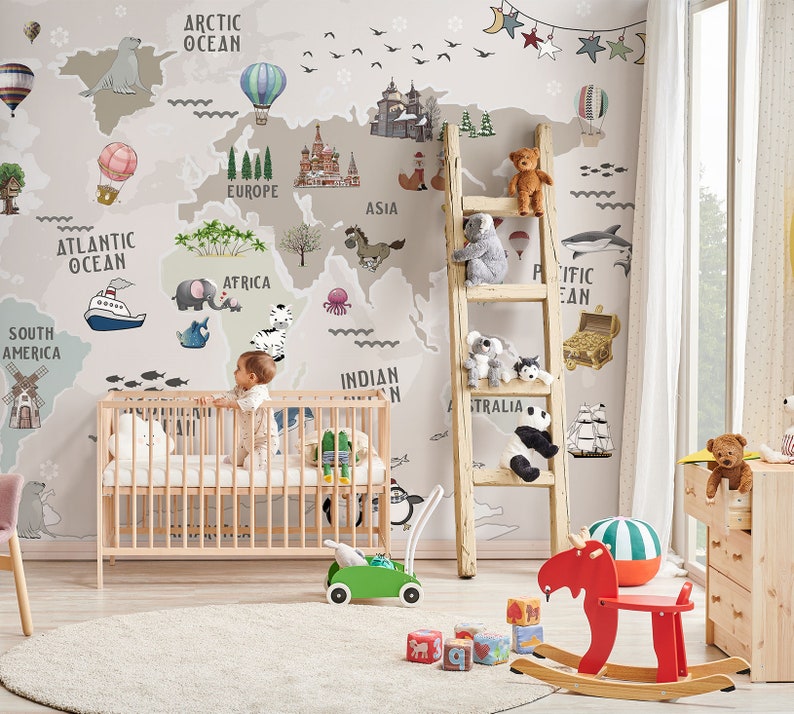 World Map Kids Wallpaper Educational Continent Map Wall - Etsy