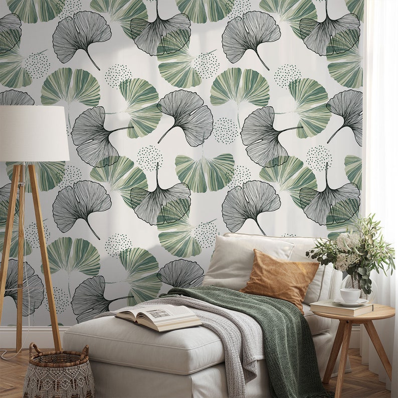Gingko Leaves Line Art Wallpaper Gingko Leaf Wall Mural - Etsy