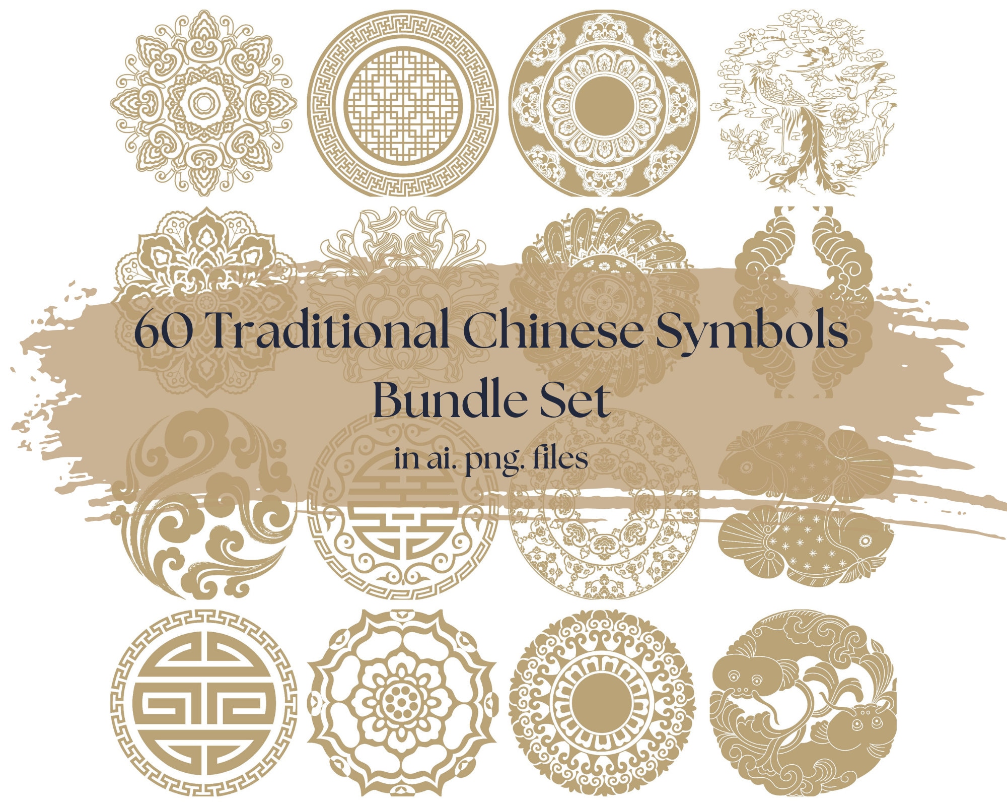60 Traditional Chinese Symbols Bundle | Oriental Ornamental Elements ...