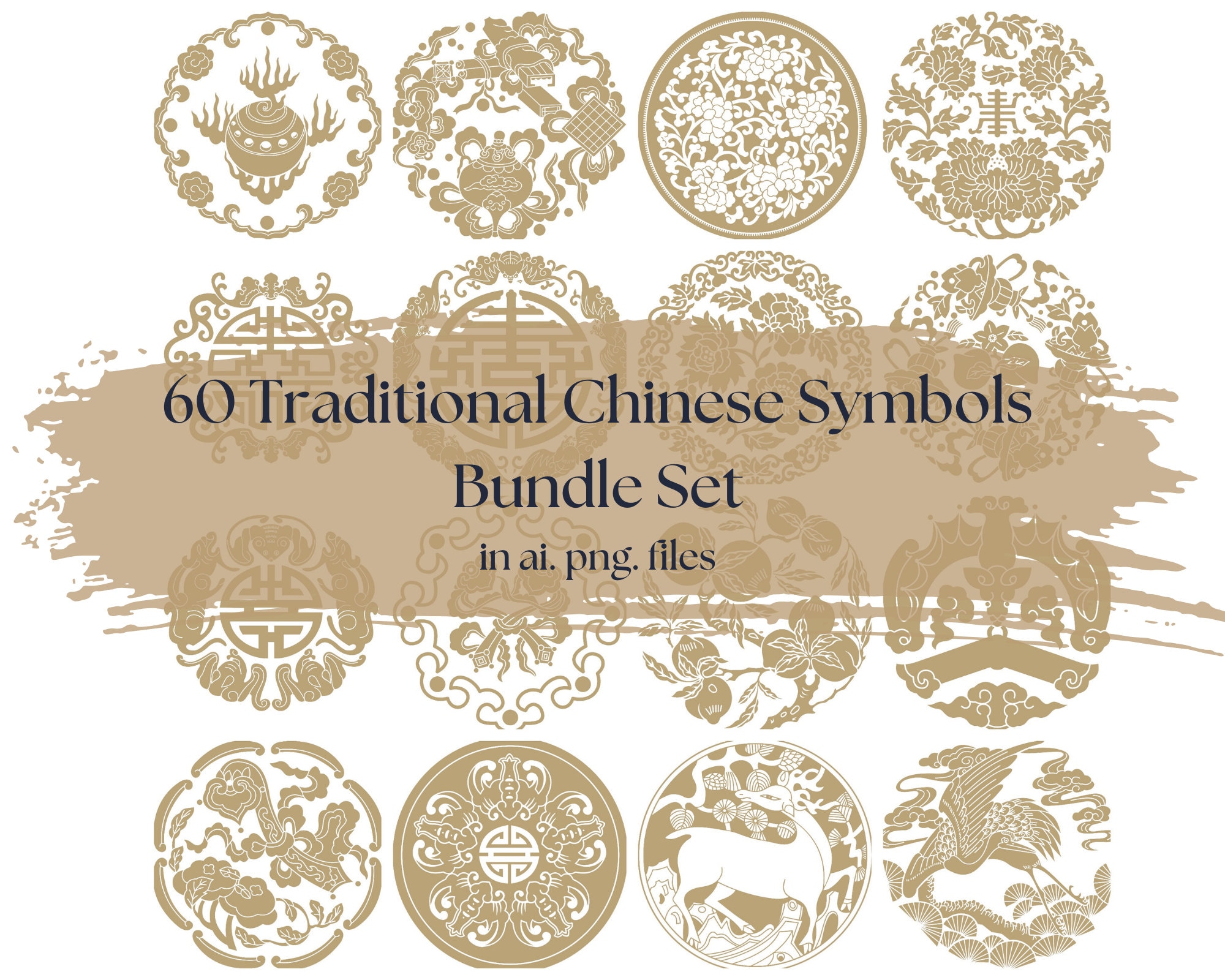 60 Traditional Chinese Symbols Bundle | Oriental Ornamental Elements ...