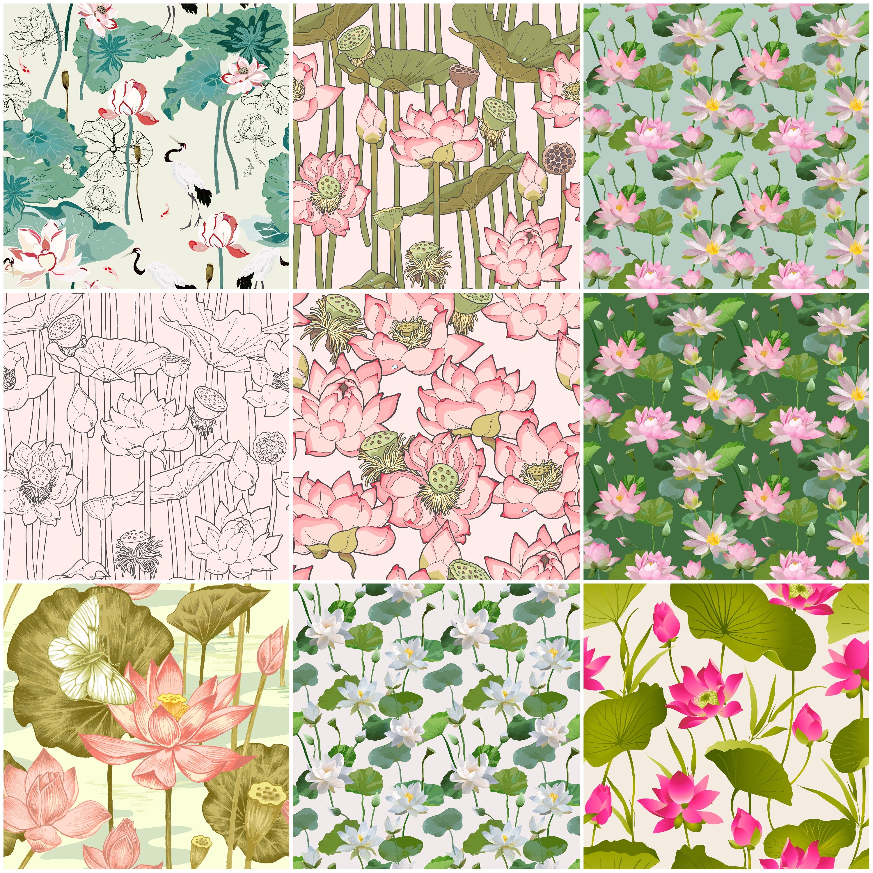 24 Lotus Illustration Wallpaper Bundle|lotus Design|lotus Printable ...
