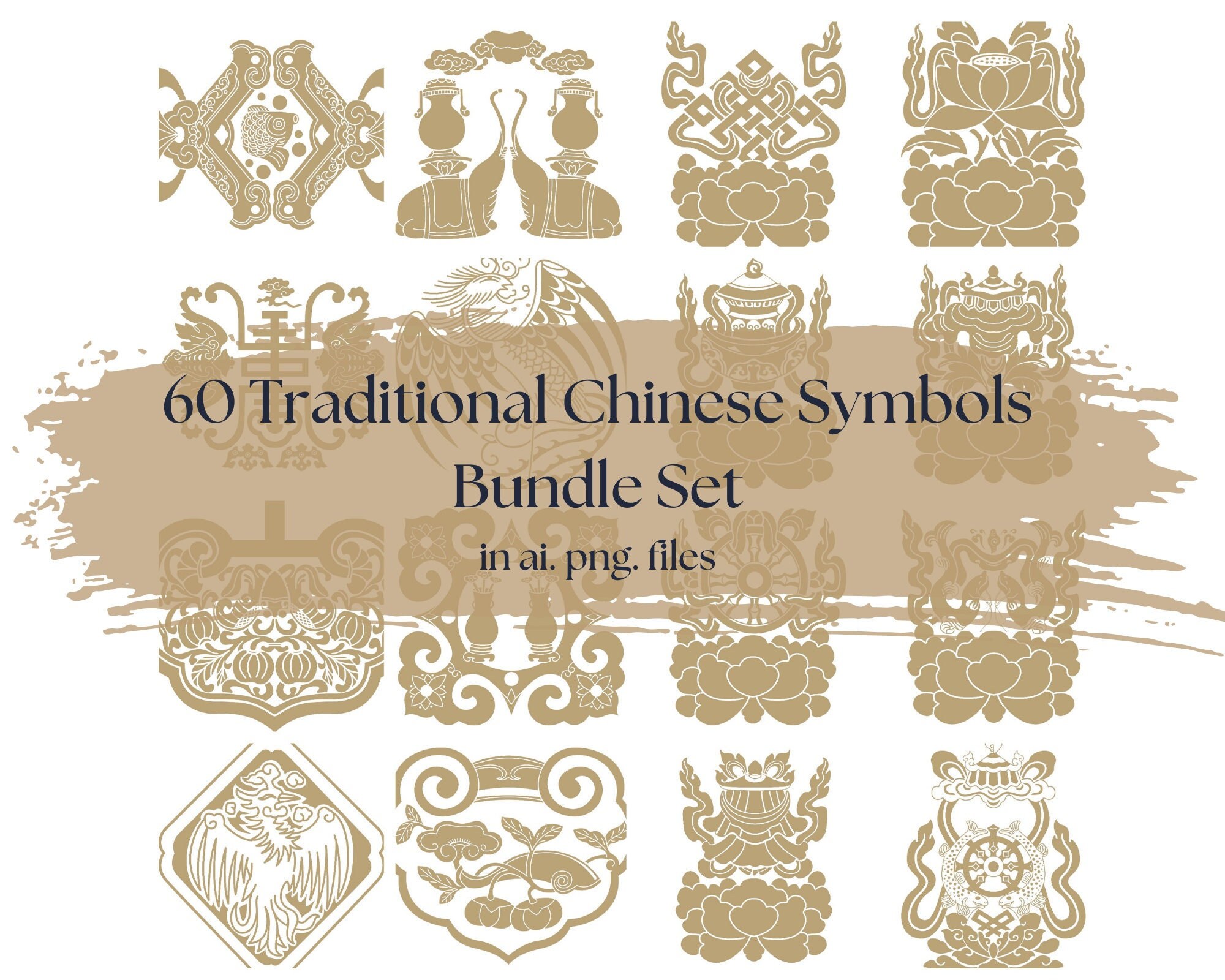 60 Traditional Chinese Symbols Bundle | Oriental Ornamental Elements ...