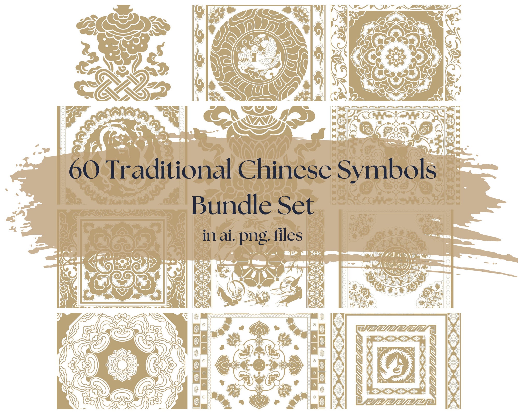 60 Traditional Chinese Symbols Bundle | Oriental Ornamental Elements ...
