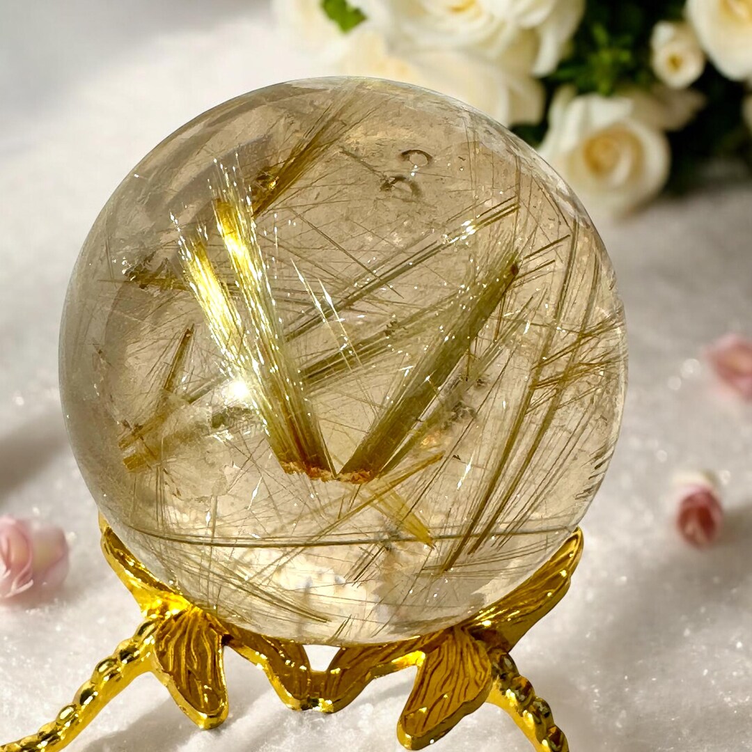 RARE Golden Rutile Rutilated Quartz Sphere OR Stands, Healing Crystal ...